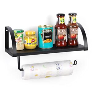 paper towel holder wall mount with shelf industrial pine wood paper towel roll rack under cabinet spice rack for kitchen bathroom hanging paper towel holder – matte black