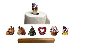 crazy chef toppers decorative paper towel holder – interchangeable holiday kitchen decor – 6 hand painted seasonal decor tops, wooden paper towel holder stand, and top holder