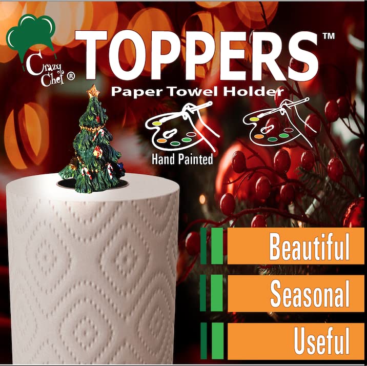 Crazy Chef Toppers Decorative Paper Towel Holder - Interchangeable Holiday Kitchen Decor - 6 Hand Painted Seasonal Decor Tops, Wooden Paper Towel Holder Stand, and Top Holder