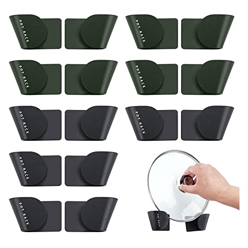 MHCYKJ 8 Pairs Lid Holder for Pots, Pot Lid Racks Wall Mount Pan Lid Holder Punch-Free Pot Lid Storage Organizer Adjustable Hanging Pan Cover Organizer for Home Kitchen Cabinet Door (Black+Green)