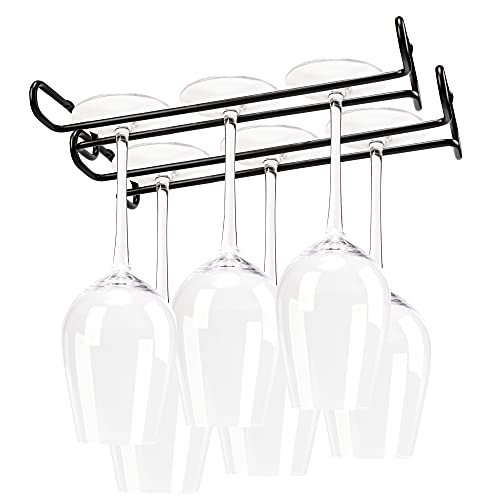 Warmery 4 Pack Wine Glasses Hanging Rack, Black Stemware Rack Holder Under Cabinet, Metal Wall Mount Wire Hanging Rack Storage Hanger Organizer with Screws for Kitchen Bar (10.3in)