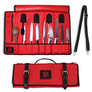 369 products chef knife bag – 18″ x 7″ x 3″ waterproof polyester knife roll bag with 13 slots, stylish leather straps and detachable shoulder harness, additional zipper compartment