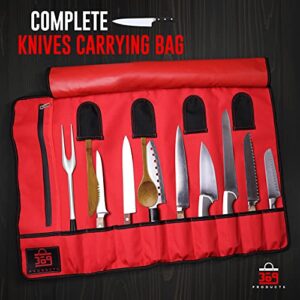 369 Products Chef Knife Bag - 18" x 7" x 3" Waterproof Polyester Knife Roll Bag with 13 Slots, Stylish Leather Straps and Detachable Shoulder Harness, Additional Zipper Compartment