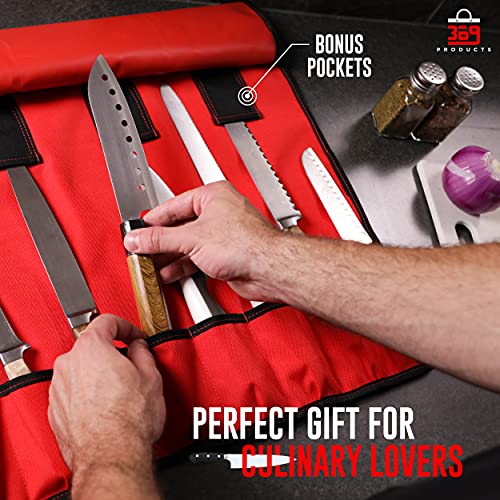 369 Products Chef Knife Bag - 18" x 7" x 3" Waterproof Polyester Knife Roll Bag with 13 Slots, Stylish Leather Straps and Detachable Shoulder Harness, Additional Zipper Compartment