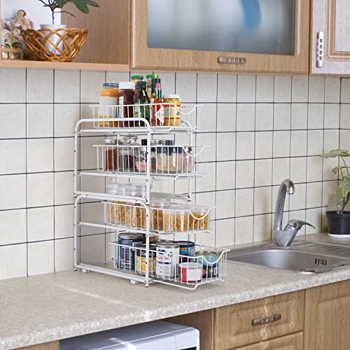 YBING Stackable Under Sink Cabinet Organizer 2 Tier Sliding Basket Organizer Drawer Bathroom Under Cabinet Basket Organizer for Kitchen Pantry White 2 Pack