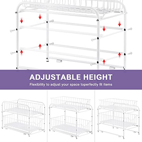 YBING Stackable Under Sink Cabinet Organizer 2 Tier Sliding Basket Organizer Drawer Bathroom Under Cabinet Basket Organizer for Kitchen Pantry White 2 Pack