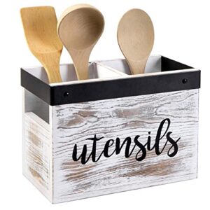 mygift white washed solid wood kitchen utensil holder with black metal rim accent and 2 compartments, countertop buffet flatware holder with utensils cursive design