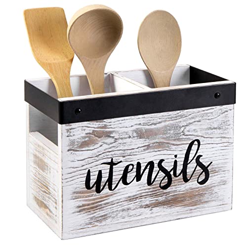 MyGift White Washed Solid Wood Kitchen Utensil Holder with Black Metal Rim Accent and 2 Compartments, Countertop Buffet Flatware Holder with Utensils Cursive Design