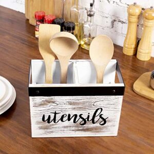 MyGift White Washed Solid Wood Kitchen Utensil Holder with Black Metal Rim Accent and 2 Compartments, Countertop Buffet Flatware Holder with Utensils Cursive Design