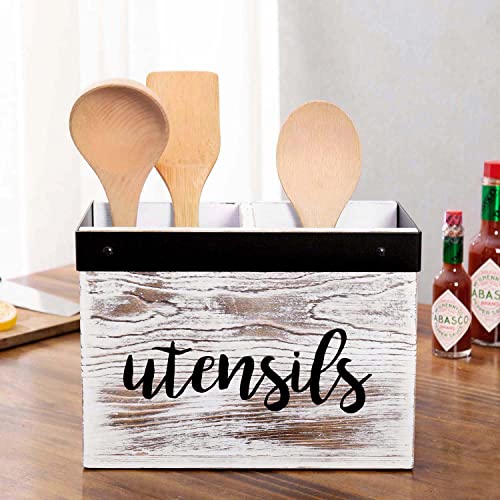 MyGift White Washed Solid Wood Kitchen Utensil Holder with Black Metal Rim Accent and 2 Compartments, Countertop Buffet Flatware Holder with Utensils Cursive Design