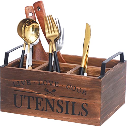 Rustic Utensil and Napkin Holder with Metal Handles Silverware Caddy Farmhouse Wooden Flatware Organizer Cutlery Crock Storage for Kitchen Decor Countertop Cooking Tools Storage Entertaining Picnics