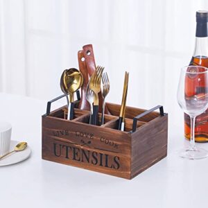 Rustic Utensil and Napkin Holder with Metal Handles Silverware Caddy Farmhouse Wooden Flatware Organizer Cutlery Crock Storage for Kitchen Decor Countertop Cooking Tools Storage Entertaining Picnics