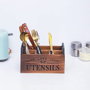 Rustic Utensil and Napkin Holder with Metal Handles Silverware Caddy Farmhouse Wooden Flatware Organizer Cutlery Crock Storage for Kitchen Decor Countertop Cooking Tools Storage Entertaining Picnics