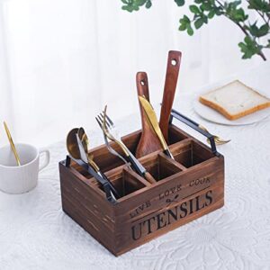 Rustic Utensil and Napkin Holder with Metal Handles Silverware Caddy Farmhouse Wooden Flatware Organizer Cutlery Crock Storage for Kitchen Decor Countertop Cooking Tools Storage Entertaining Picnics