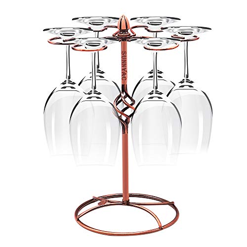 Sunnyac Scrollwork Bronze Wine Glass Rack, Elegant Freestanding Stemware Holder Stand with 6 Hooks, For Home and Bar Storage and Artistic Tabletop Display, Spiral-style（Bronze 1）