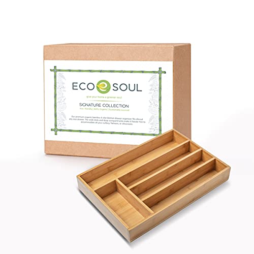 ECO SOUL Organic Bamboo Wooden Kitchen Drawer Organizer | Sturdy, Large 11' x 16' | Organizer Tray for Silverware, Cutlery, Flatware, Utensil Holder | Grooved Drawer Dividers, 6 slots