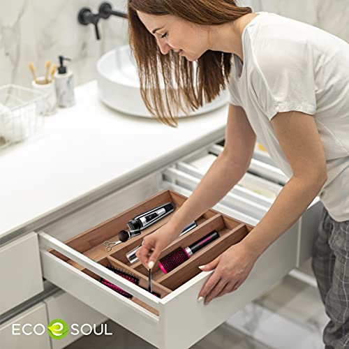 ECO SOUL Organic Bamboo Wooden Kitchen Drawer Organizer | Sturdy, Large 11' x 16' | Organizer Tray for Silverware, Cutlery, Flatware, Utensil Holder | Grooved Drawer Dividers, 6 slots