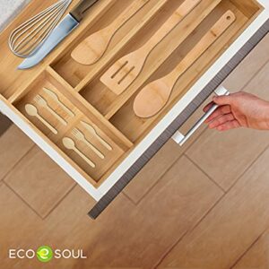 ECO SOUL Organic Bamboo Wooden Kitchen Drawer Organizer | Sturdy, Large 11' x 16' | Organizer Tray for Silverware, Cutlery, Flatware, Utensil Holder | Grooved Drawer Dividers, 6 slots