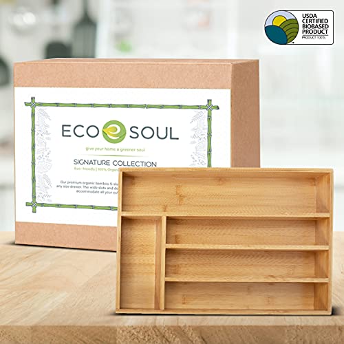 ECO SOUL Organic Bamboo Wooden Kitchen Drawer Organizer | Sturdy, Large 11' x 16' | Organizer Tray for Silverware, Cutlery, Flatware, Utensil Holder | Grooved Drawer Dividers, 6 slots