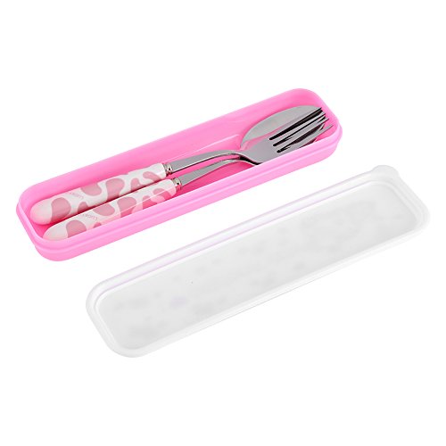 Stainless Steel Flatware Spoon for Kids, Ceramic Handle Fork Spoon Kitchen Tableware with Box Children Cutlery Set Outdoor Picnic Travel (Pink)