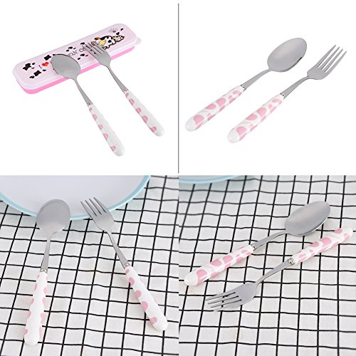 Stainless Steel Flatware Spoon for Kids, Ceramic Handle Fork Spoon Kitchen Tableware with Box Children Cutlery Set Outdoor Picnic Travel (Pink)