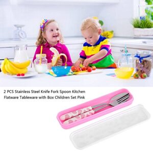 Stainless Steel Flatware Spoon for Kids, Ceramic Handle Fork Spoon Kitchen Tableware with Box Children Cutlery Set Outdoor Picnic Travel (Pink)