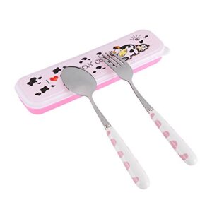 Stainless Steel Flatware Spoon for Kids, Ceramic Handle Fork Spoon Kitchen Tableware with Box Children Cutlery Set Outdoor Picnic Travel (Pink)