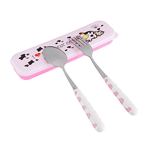 Stainless Steel Flatware Spoon for Kids, Ceramic Handle Fork Spoon Kitchen Tableware with Box Children Cutlery Set Outdoor Picnic Travel (Pink)