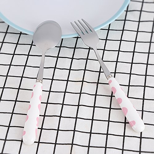 Stainless Steel Flatware Spoon for Kids, Ceramic Handle Fork Spoon Kitchen Tableware with Box Children Cutlery Set Outdoor Picnic Travel (Pink)