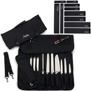 chef’s knife roll (14 slots) and 10 piece knife guards bundle. knife bag holds 10 knives plus meat cleaver and zippered pouch. knives sheaths are durable, non-bpa, and felt-lined. knives not included