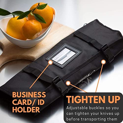 Chef’s Knife Roll (14 slots) and 10 Piece Knife Guards Bundle. Knife Bag Holds 10 Knives PLUS Meat Cleaver and Zippered Pouch. Knives Sheaths are Durable, Non-BPA, and Felt-Lined. Knives Not Included