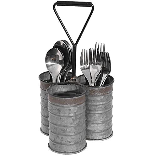 MyGift Galvanized Metal Flatware Holder for Party with Handle, 3 Compartment Picnic Utensil Holder Caddy