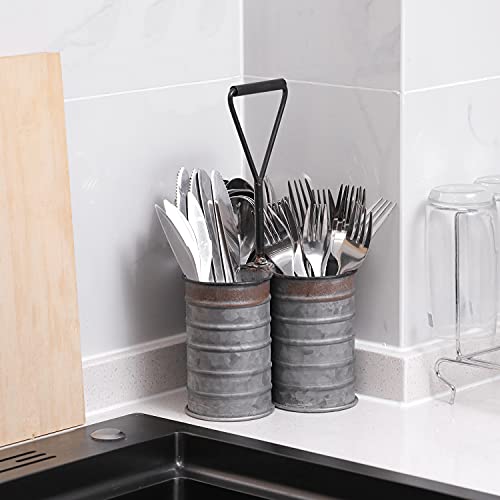 MyGift Galvanized Metal Flatware Holder for Party with Handle, 3 Compartment Picnic Utensil Holder Caddy