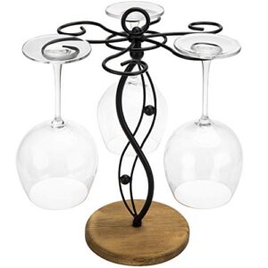 mygift black metal countertop wine glass holder with 6 hooks, tabletop stemware display rack with burnt wood base – holds 6 wine glasses