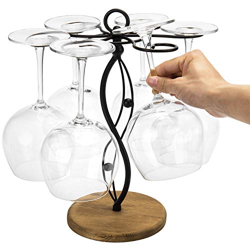 MyGift Black Metal Countertop Wine Glass Holder with 6 Hooks, Tabletop Stemware Display Rack with Burnt Wood Base - Holds 6 Wine Glasses