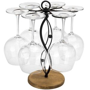 MyGift Black Metal Countertop Wine Glass Holder with 6 Hooks, Tabletop Stemware Display Rack with Burnt Wood Base - Holds 6 Wine Glasses