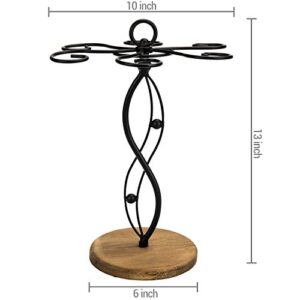 MyGift Black Metal Countertop Wine Glass Holder with 6 Hooks, Tabletop Stemware Display Rack with Burnt Wood Base - Holds 6 Wine Glasses