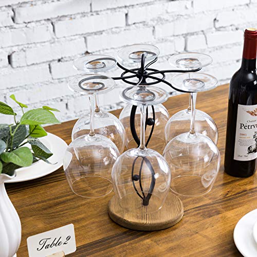 MyGift Black Metal Countertop Wine Glass Holder with 6 Hooks, Tabletop Stemware Display Rack with Burnt Wood Base - Holds 6 Wine Glasses