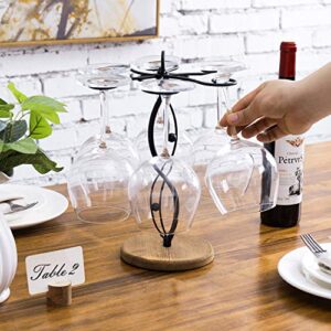 MyGift Black Metal Countertop Wine Glass Holder with 6 Hooks, Tabletop Stemware Display Rack with Burnt Wood Base - Holds 6 Wine Glasses