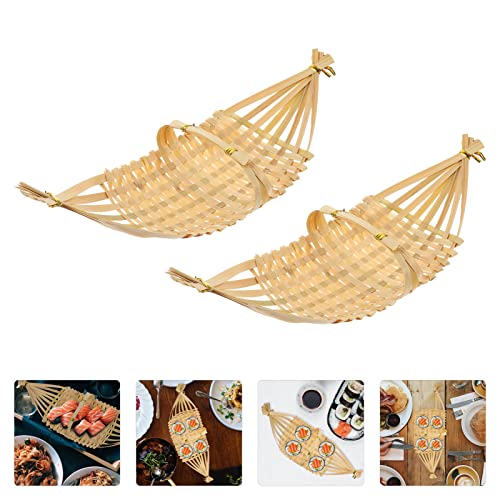 MAGICLULU Wooden Sushi Boat Serving Tray Wicker Woven Snack Baskets Flatware Drain Display Baskets Fruit Vegetable Holder Weaving Cutlery Organizer for Home Kitchen