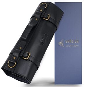 ventiva – black leather knife roll storage bag, 9 pockets w/ large utility pocket, adjustable/detachable shoulder strap, travel-friendly and durable