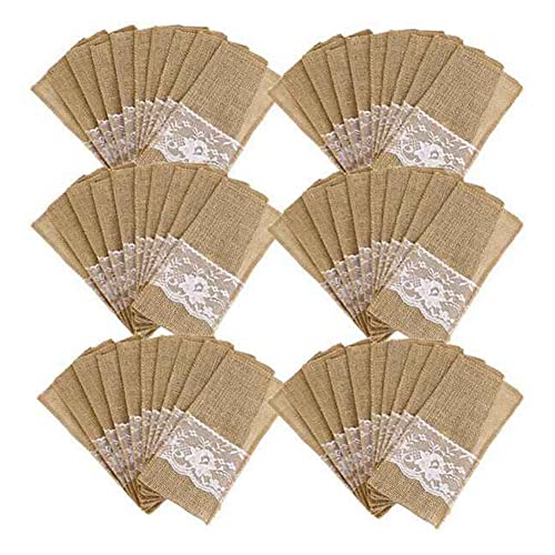 Yothfly 100Pc Burlap Lace Cutlery Pouch Rustic Wedding Knife Fork Holder Bag Hessian Table Decoration Accessories