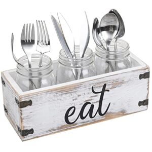 mygift shabby whitewashed wood silverware organizer holder set includes 3 mason jars and display box with”eat” cursive writing label