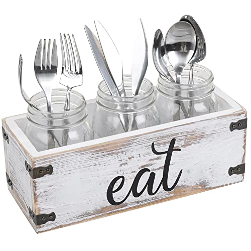 MyGift Shabby Whitewashed Wood Silverware Organizer Holder Set Includes 3 Mason Jars and Display Box with"eat" Cursive Writing Label