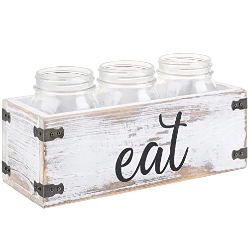 MyGift Shabby Whitewashed Wood Silverware Organizer Holder Set Includes 3 Mason Jars and Display Box with"eat" Cursive Writing Label