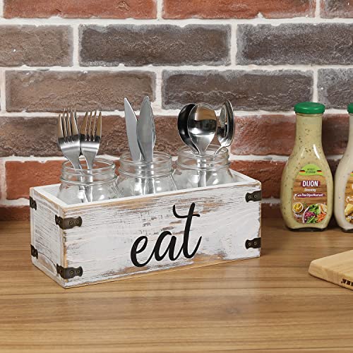 MyGift Shabby Whitewashed Wood Silverware Organizer Holder Set Includes 3 Mason Jars and Display Box with"eat" Cursive Writing Label