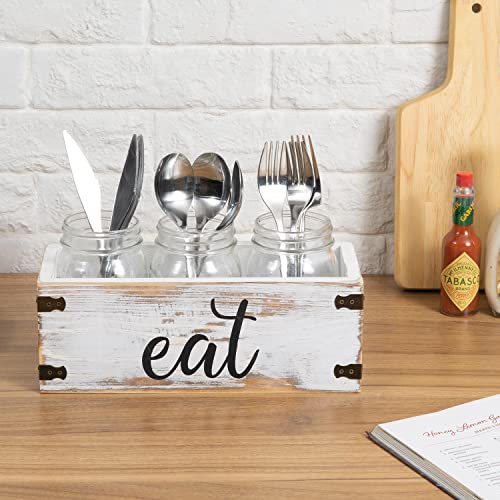 MyGift Shabby Whitewashed Wood Silverware Organizer Holder Set Includes 3 Mason Jars and Display Box with"eat" Cursive Writing Label