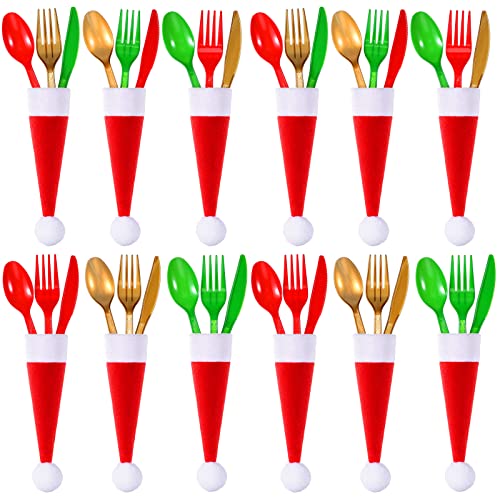 144 Pcs Christmas Plastic Silverware Set, Red Green and Gold Plastic Holiday Cutlery, 36 Spoons, 36 Forks, 36 Knives, and 36 Santa Hats Silverware Holders Xmas Tableware Fork Spoon Knife Storage Bag