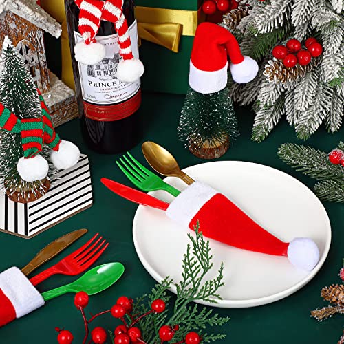 144 Pcs Christmas Plastic Silverware Set, Red Green and Gold Plastic Holiday Cutlery, 36 Spoons, 36 Forks, 36 Knives, and 36 Santa Hats Silverware Holders Xmas Tableware Fork Spoon Knife Storage Bag