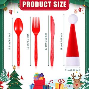 144 Pcs Christmas Plastic Silverware Set, Red Green and Gold Plastic Holiday Cutlery, 36 Spoons, 36 Forks, 36 Knives, and 36 Santa Hats Silverware Holders Xmas Tableware Fork Spoon Knife Storage Bag